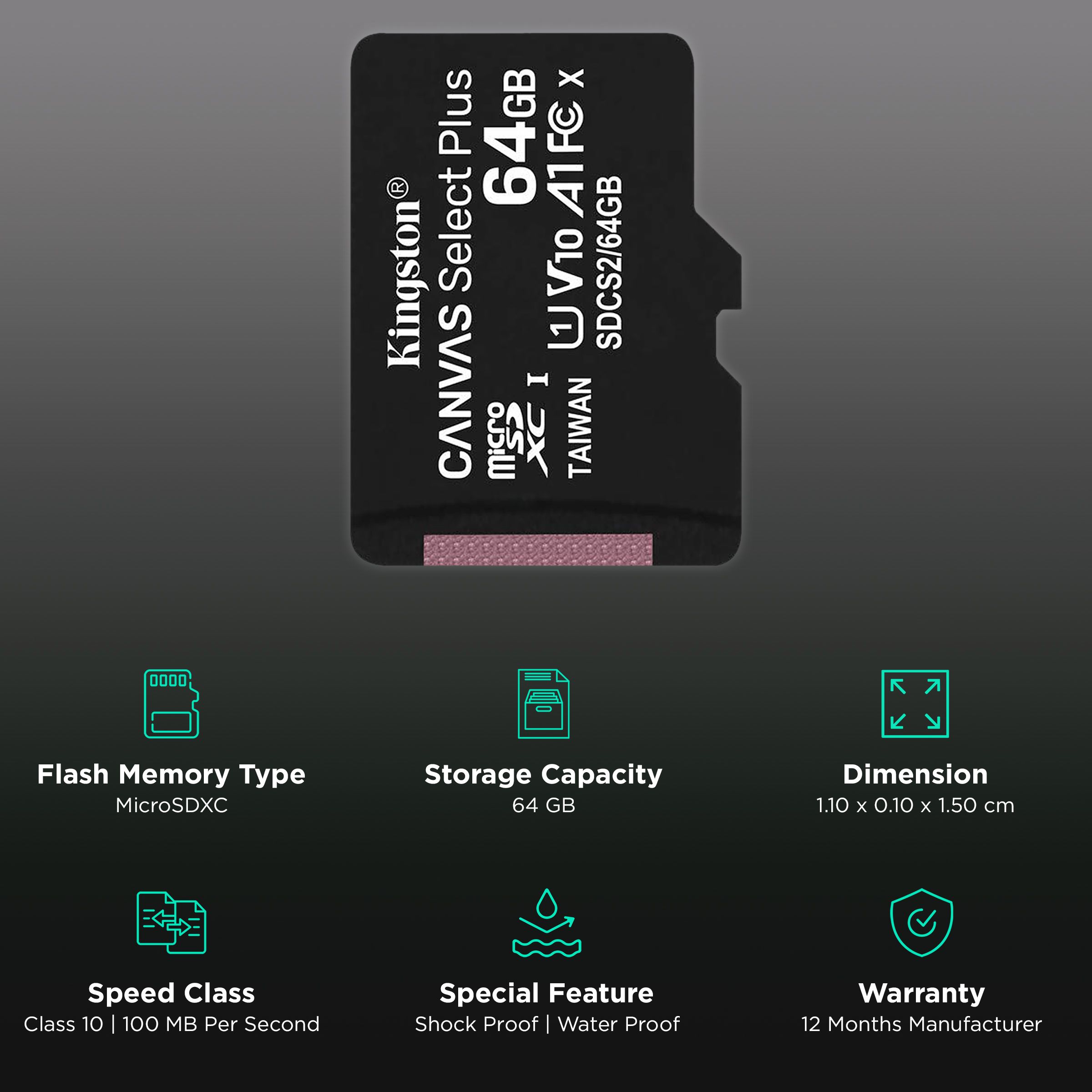 Buy Kingston Canvas Select Plus MicroSDXC 64GB Class 10 100MB/s Memory ...